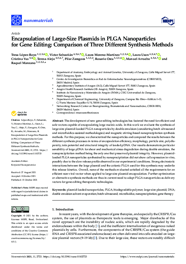 (PDF) Encapsulation of Large-Size Plasmids in PLGA Nanoparticles for ...