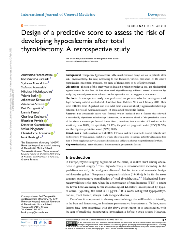 (PDF) Design of a predictive score to assess the risk of developing hypocalcemia after total ...