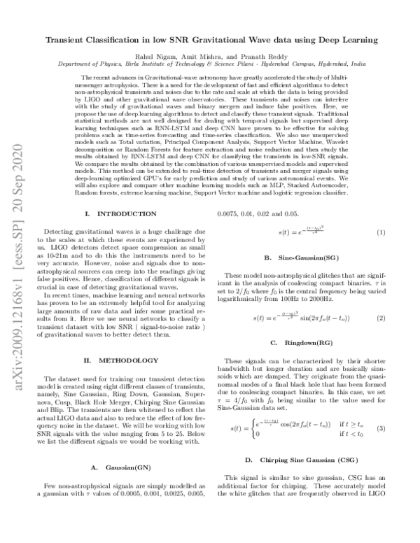 Pdf Transient Classification In Low Snr Gravitational Wave Data Using Deep Learning
