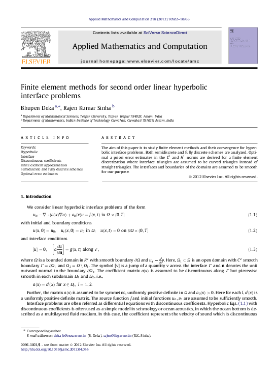 (PDF) Finite element methods for second order linear hyperbolic interface problems
