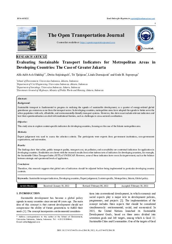 (PDF) Evaluating Sustainable Transport Indicators for Metropolitan ...
