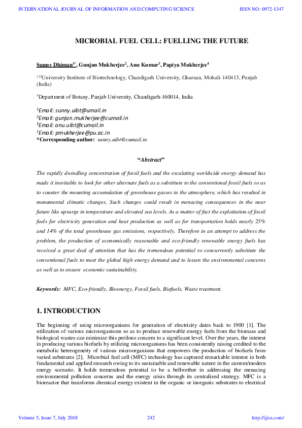 (PDF) Microbial Fuel Cell : Fuelling the Future | Papiya Mukherjee ...