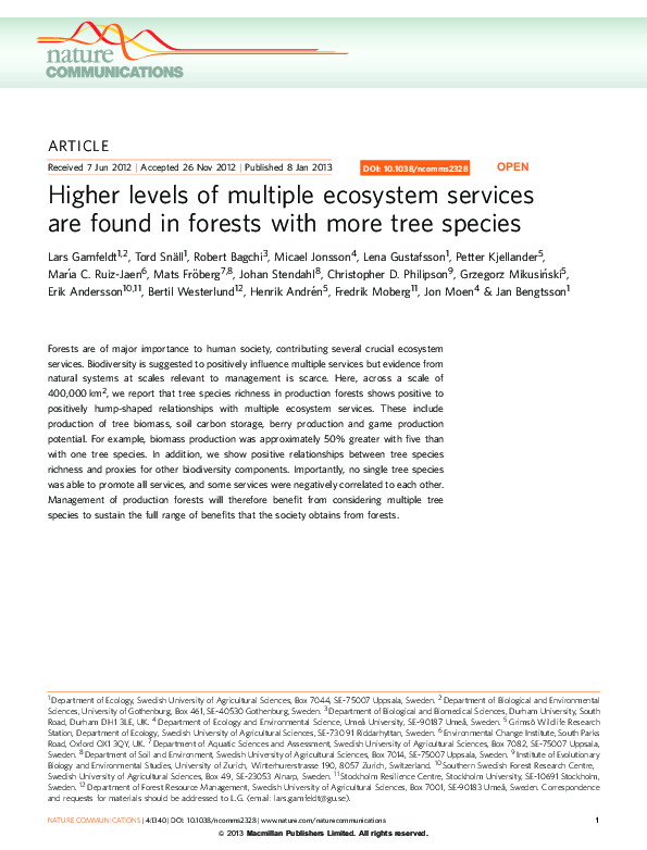 (PDF) Higher levels of multiple ecosystem services are found in forests ...