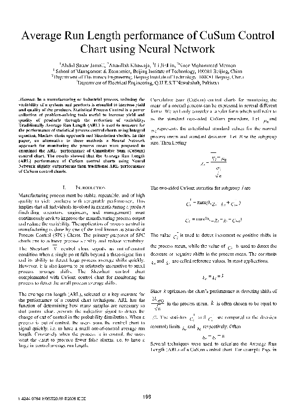 Pdf Average Run Length Performance Of Cusum Control Chart Using