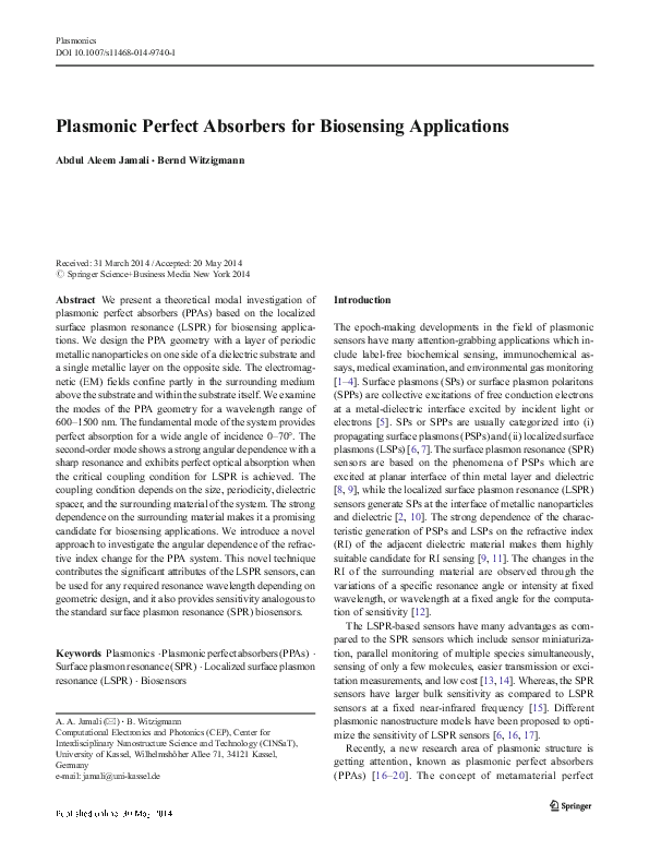 (PDF) Plasmonic Perfect Absorbers for Biosensing Applications | Abdul Hakeem jamali - Academia.edu