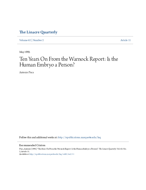 (PDF) Ten Years on from the Warnock Report: Is the Human Embryo a Person?
