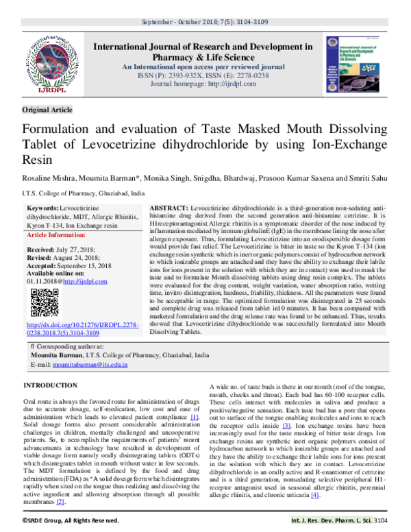 Pdf Taste Masked Mouth Dissolving Tablets Of Levocetirizine