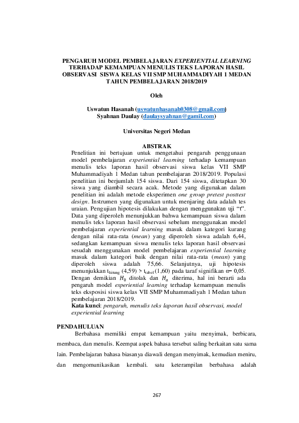 (PDF) Pengaruh Model Pembelajaran Experiential Learning Terhadap Kemampuan Menulis Teks Laporan ...