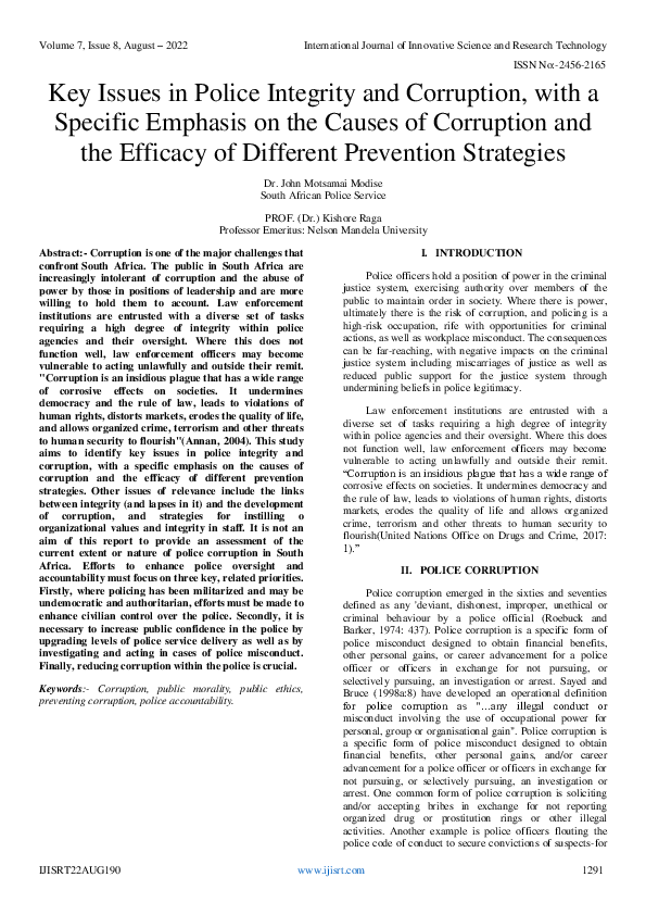 (PDF) Key Issues in Police Integrity and Corruption, with a Specific ...
