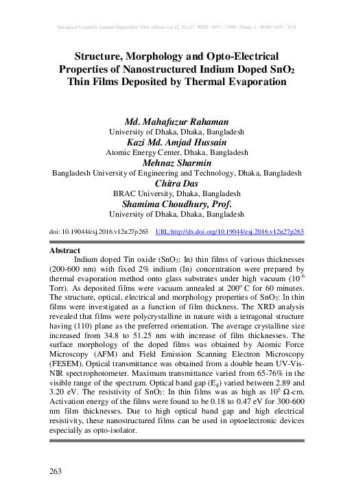 (PDF) Structure, Morphology and Opto-Electrical Properties of Nanostructured Indium Doped SnO2 ...