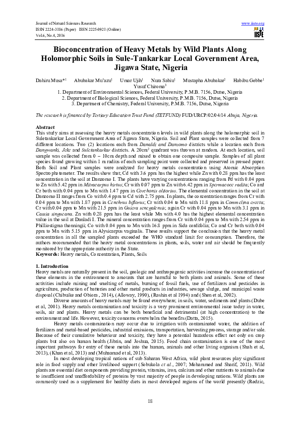 (PDF) Bioconcentration of Heavy Metals by Wild Plants Along Holomorphic ...