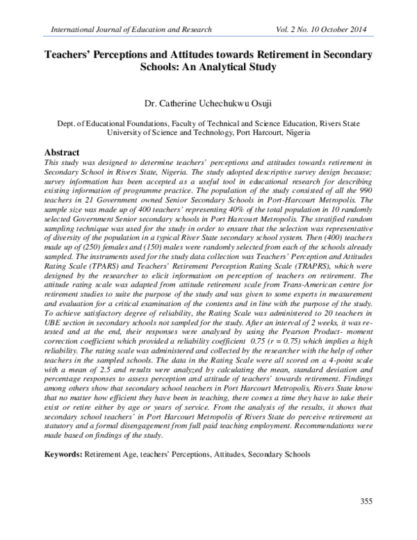 (PDF) Teachers' Perceptions and Attitudes towards Retirement in Secondary Schools: An Analytical ...