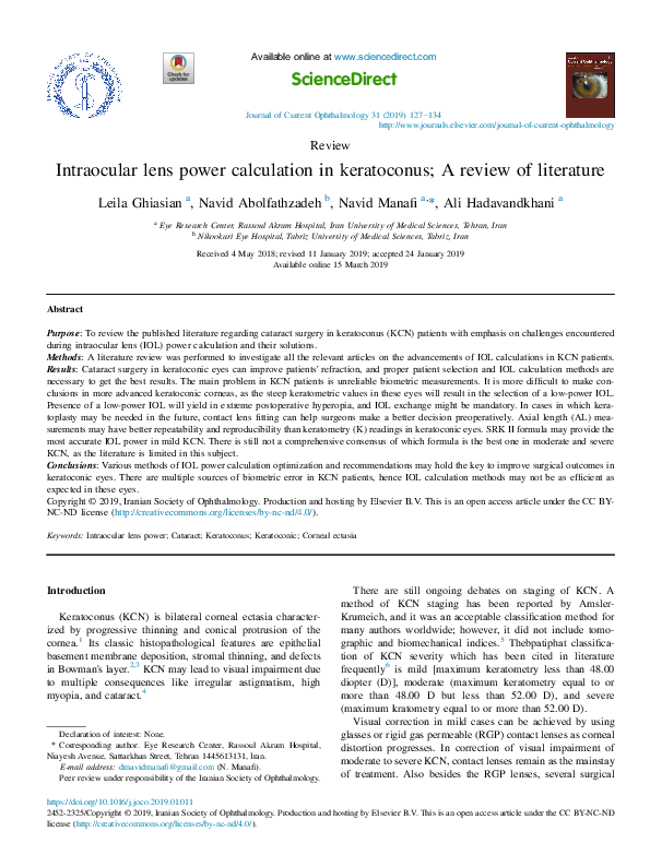 (PDF) Intraocular lens power calculation in keratoconus; A review of literature