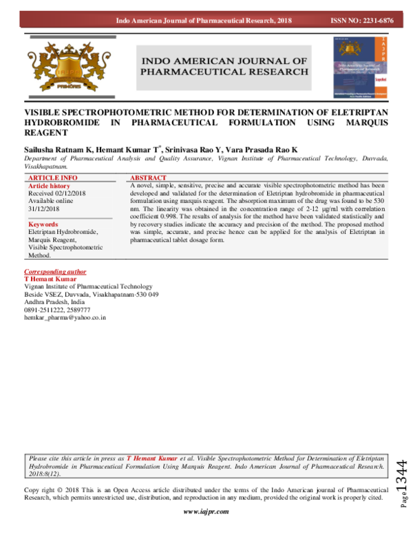 Pdf Visible Spectrophotometric Method For Determination Of Eletriptan Hydrobromide In