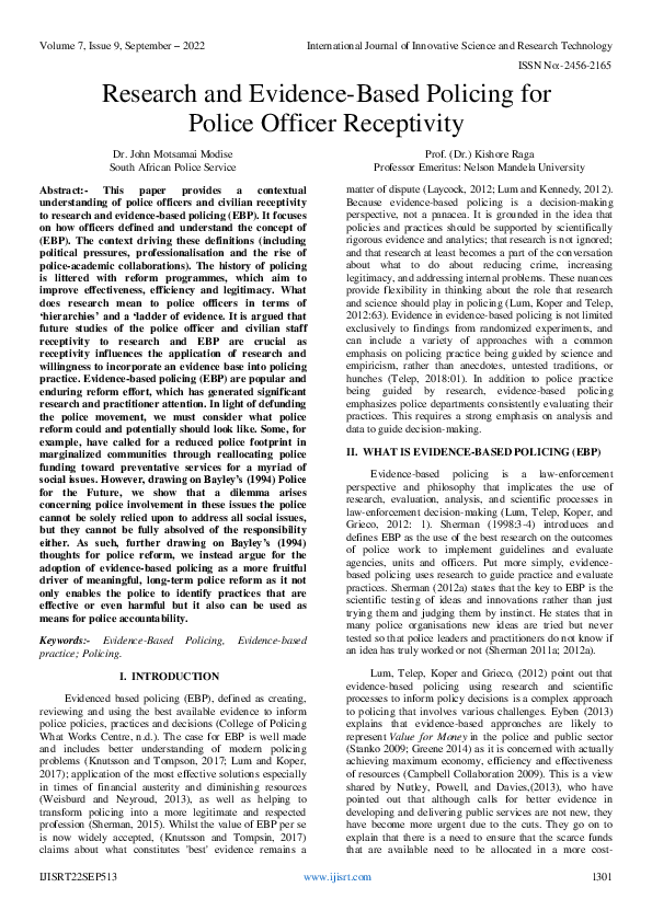 (PDF) Research and Evidence-Based Policing for Police Officer Receptivity