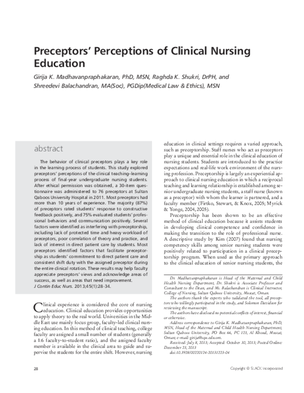 (PDF) Preceptors’ Perceptions of Clinical Nursing Education