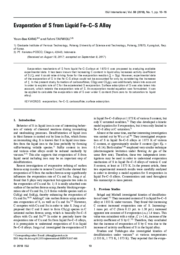 (PDF) On the Evaporation of S from Liquid Fe–C–S Alloy