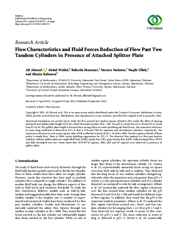 (PDF) Flow Characteristics and Fluid Forces Reduction of Flow Past Two ...