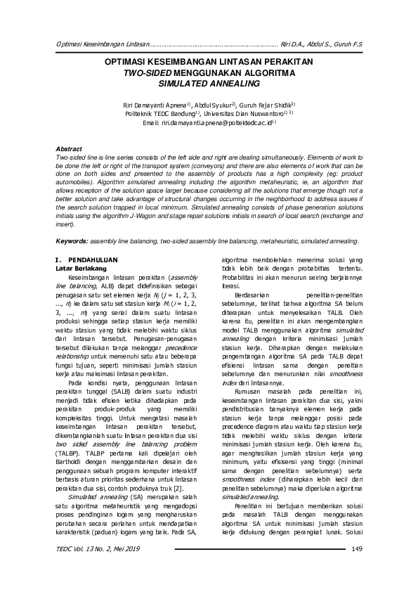 (PDF) Optimasi Keseimbangan Lintasan Perakitan Two-Sided Menggunakan Algoritma Simulated ...