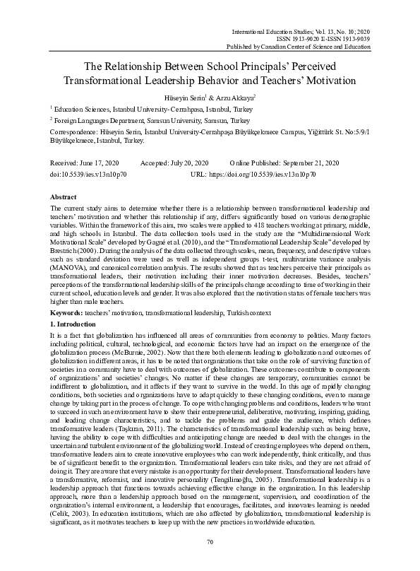 (PDF) The Relationship Between School Principals’ Perceived Transformational Leadership Behavior ...