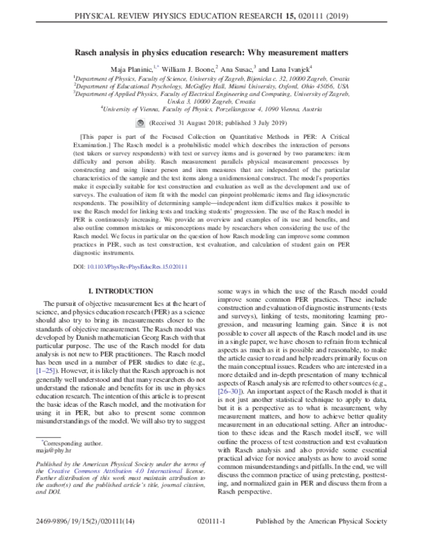 (PDF) Rasch analysis in physics education research: Why measurement matters