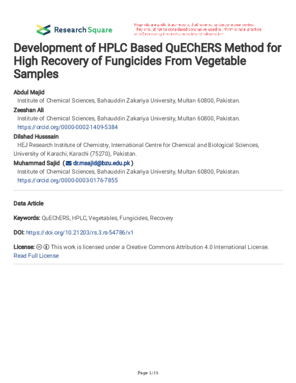 (PDF) Development of HPLC Based QuEChERS Method for High Recovery of ...