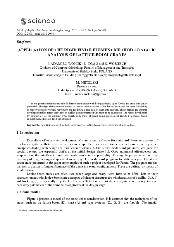 Pdf Application Of The Rigid Finite Element Method To Static Analysis Of Lattice Boom Cranes