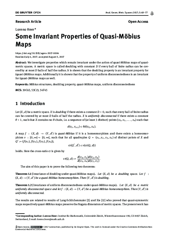 (PDF) Some Invariant Properties of Quasi-Möbius Maps