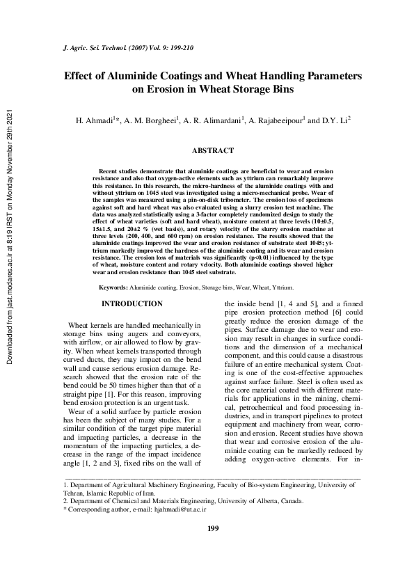 Pdf Effect Of Aluminide Coatings And Wheat Handling Parameters On Erosion In Wheat Storage 