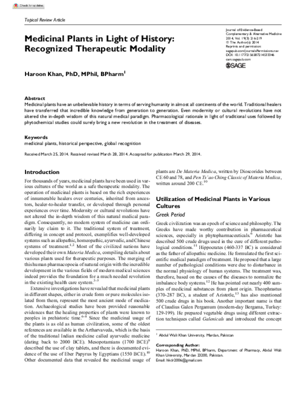 (PDF) Medicinal Plants in Light of History: Recognized Therapeutic Modality