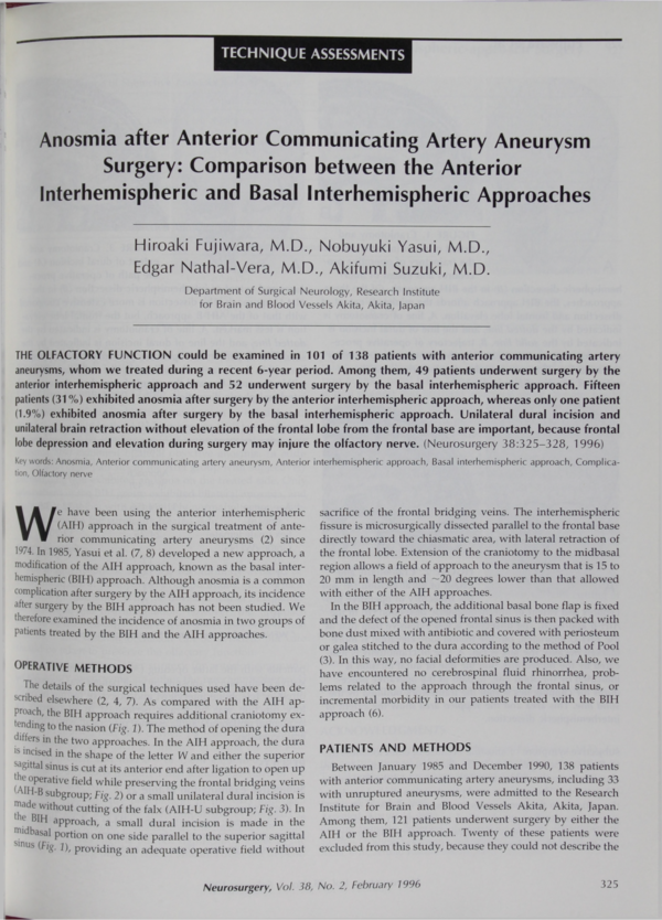 (PDF) Anosmia after Anterior Communicating Artery Aneurysm Surgery ...