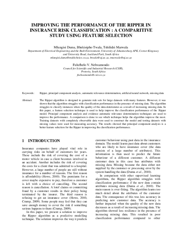 (PDF) IMPROVING THE PERFORMANCE OF THE RIPPER IN INSURANCE RISK CLASSIFICATION - A Comparitive ...