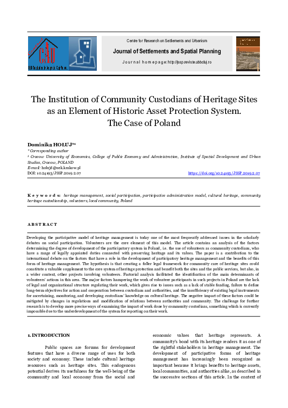 (PDF) The Institution of Community Custodians of Heritage Sites as an ...