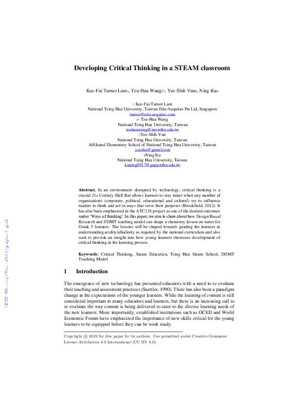 (PDF) Developing Critical Thinking in a STEAM classroom
