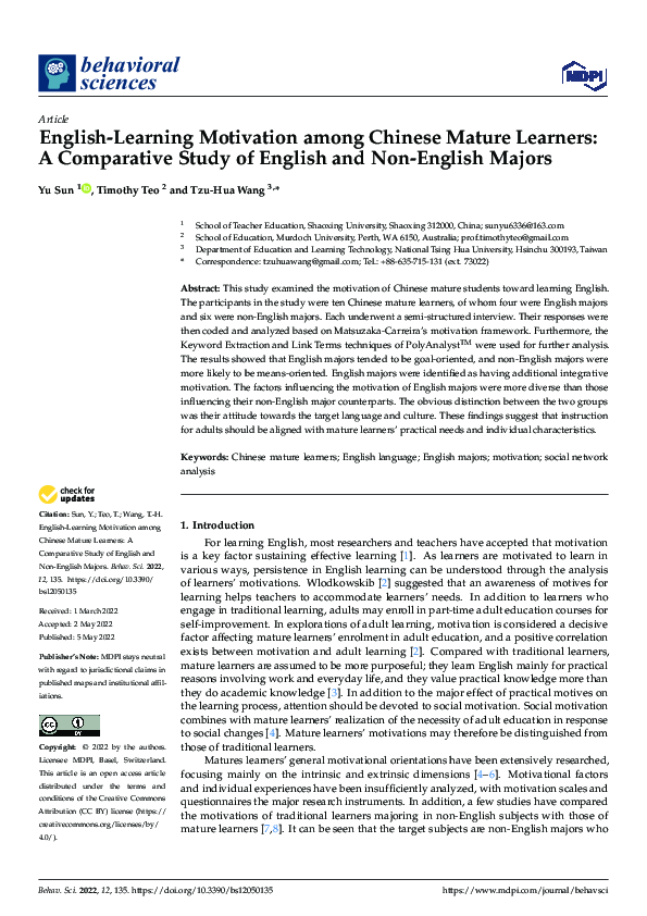 (PDF) English-Learning Motivation among Chinese Mature Learners: A ...