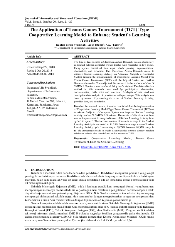 (PDF) The Application of Teams Games Tournament (TGT) Type Cooperative ...