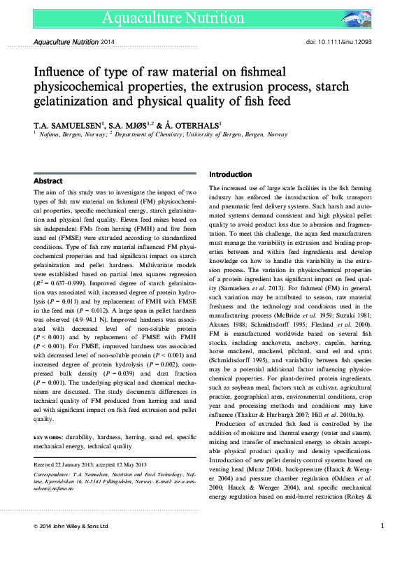 (PDF) Influence of type of raw material on fishmeal physicochemical ...