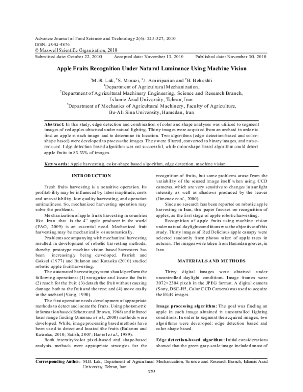 (PDF) Apple fruits recognition under natural luminance using machine vision