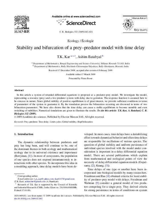 (PDF) Stability and bifurcation of a prey–predator model with time delay