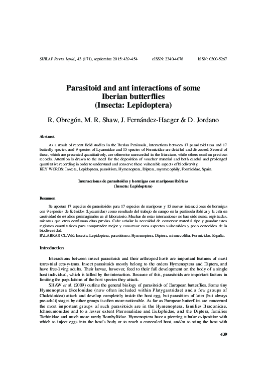 (PDF) Parasitoid and ant interactions of some Iberian butterflies (Insecta: Lepidoptera)