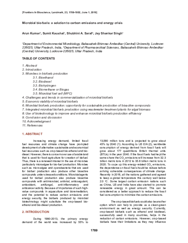 (PDF) Microbial bio-fuels a solution to carbon emissions and energy crisis