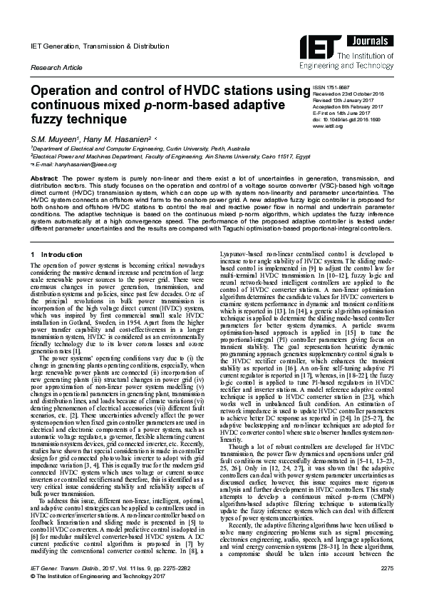 (PDF) Operation and control of HVDC stations using continuous mixed p-norm-based adaptive fuzzy ...