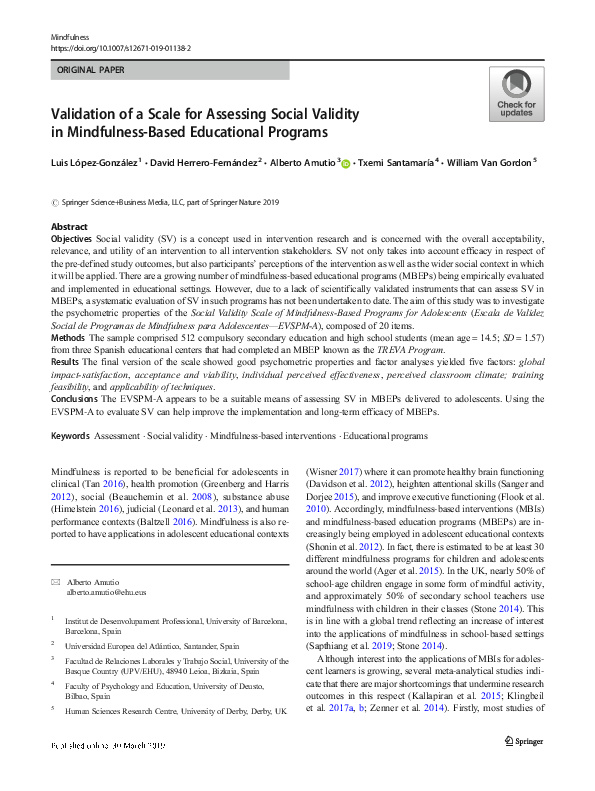 Pdf Validation Of A Scale For Assessing Social Validity In Mindfulness Based Educational Programs