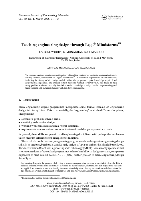 (PDF) Teaching engineering design through Lego®Mindstorms™
