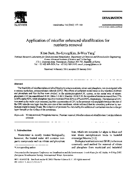 (PDF) Application of micellar enhanced ultrafiltration for nutrients ...