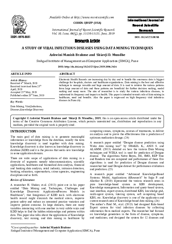 (PDF) A STUDY OF VIRAL INFECTIOUS DISEASES USING DATA MINING TECHNIQUES