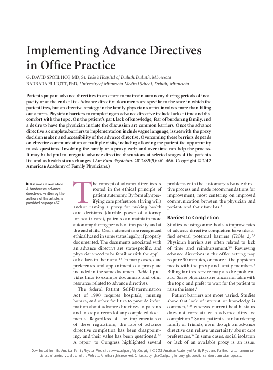 (PDF) Implementing advance directives in office practice