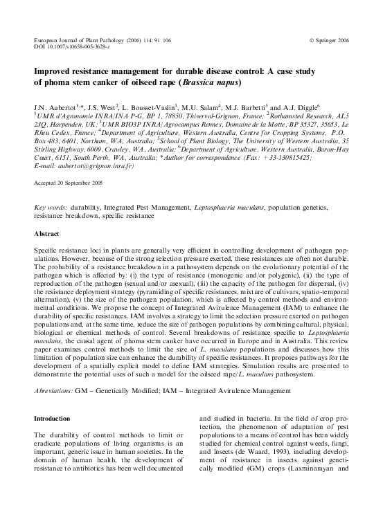(PDF) Improved Resistance Management for Durable Disease Control: A ...