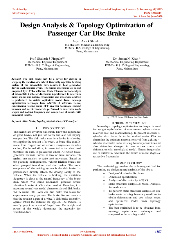 (PDF) Design Analysis Topology Optimization of Passenger Car Disc Brake