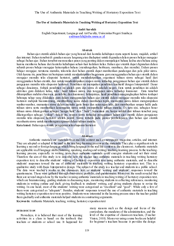 (PDF) The Use of Authentic Materials in Teaching Writing of Hortatory Exposition Text